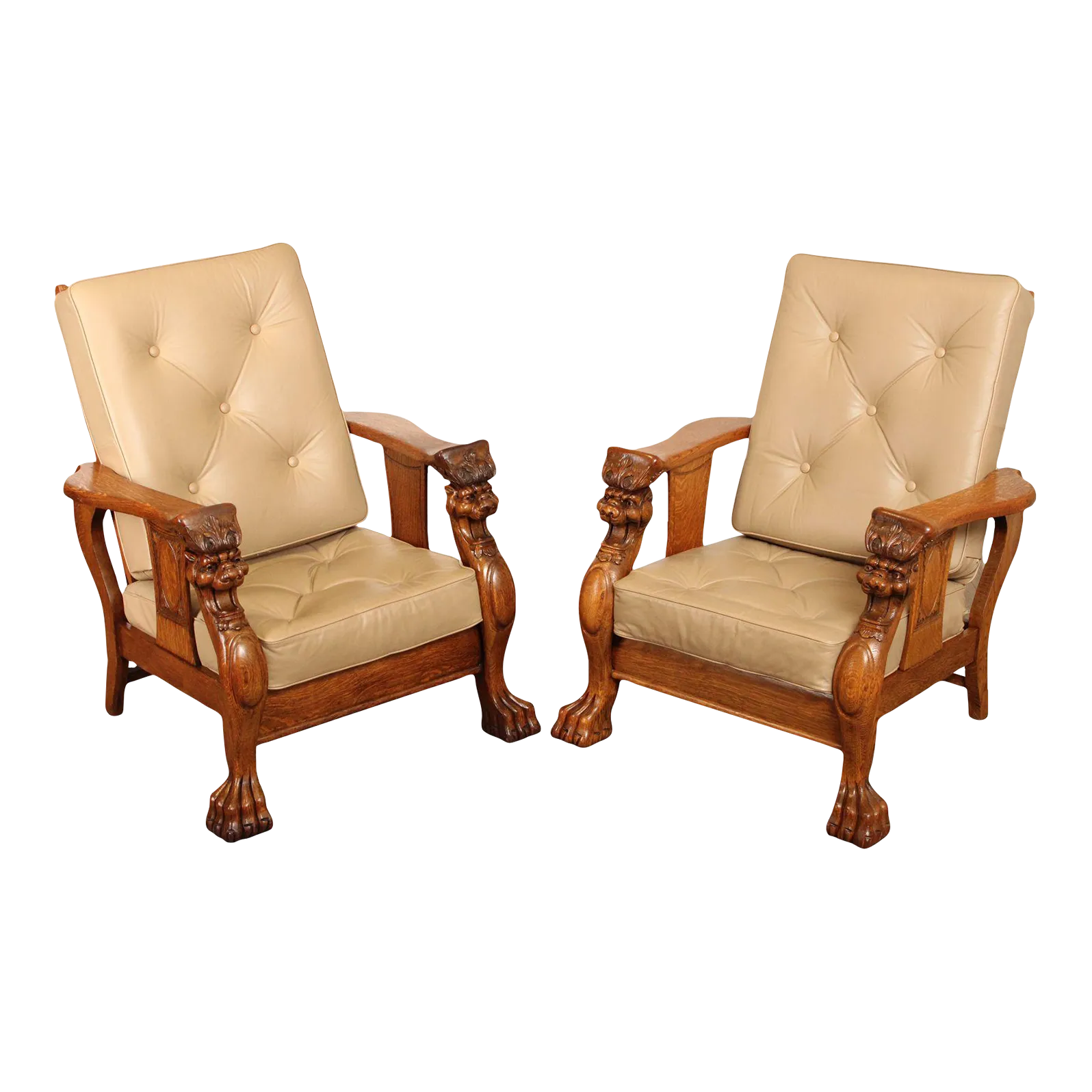 Renaissance Revival Antique Pair of Carved Oak Lion Head Reclining ...
