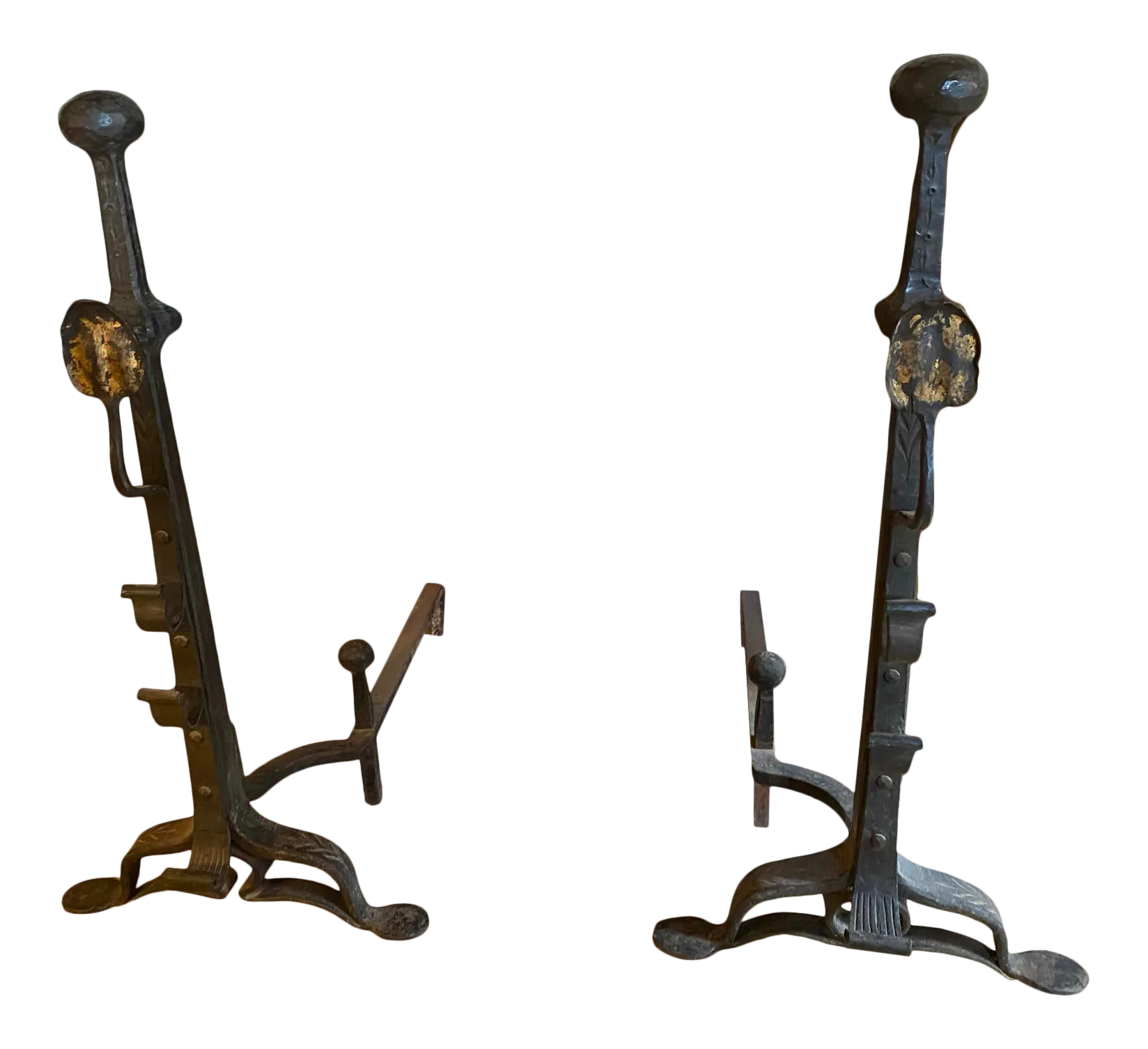 Antique 19th Century Large Hand Forged Iron Andirons - a Pair | Chairish