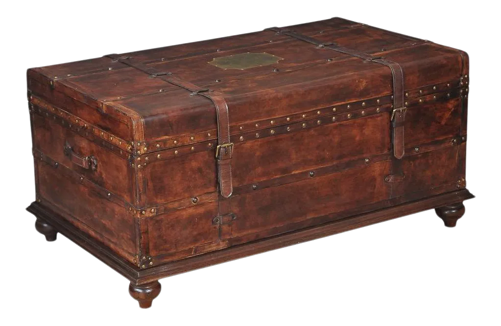 Sarreid Gold Leaf Iron Buffalo Leather Trunk | Chairish