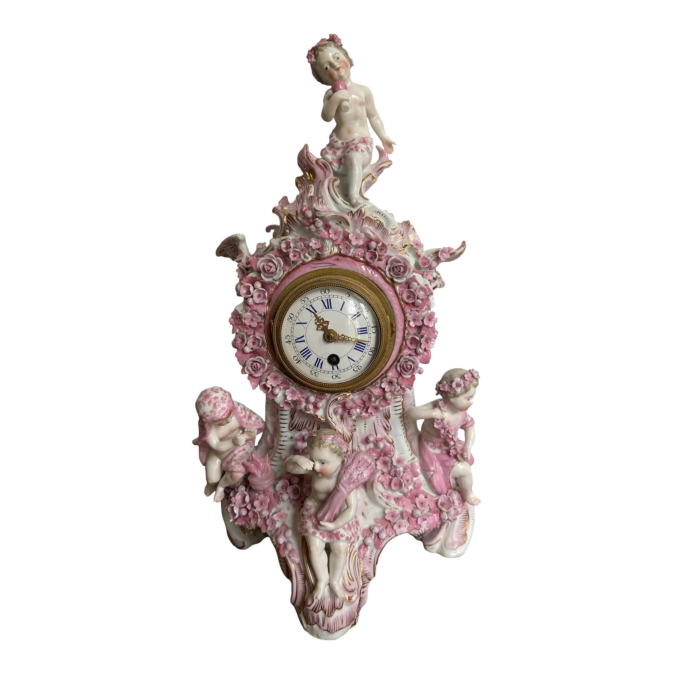 19th Century French Louis XVI Style Porcelain Cherub Pink Mantel CLock ...