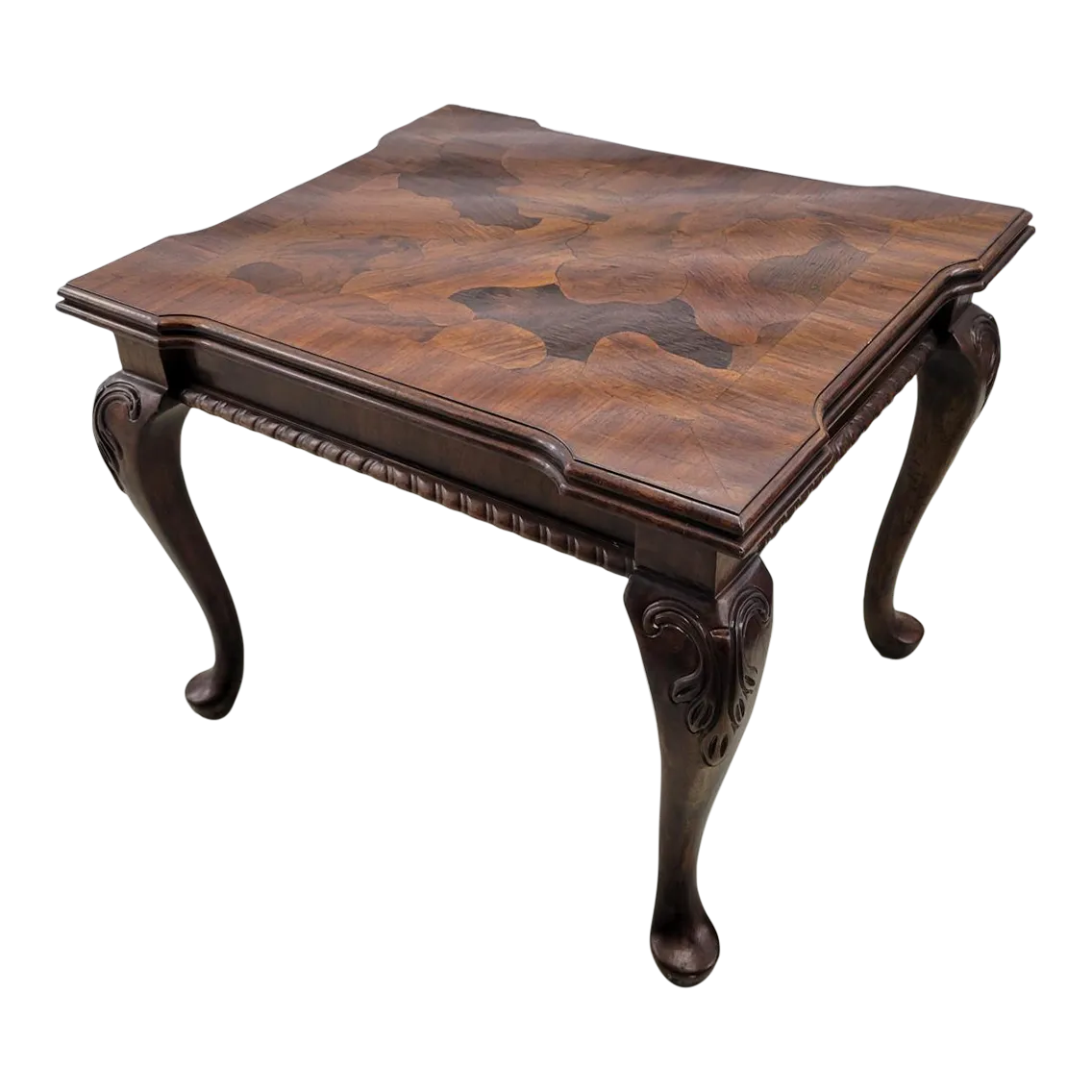 Vintage Traditional Mixed Wood Patchwork Patch Veneer Tea Table | Chairish