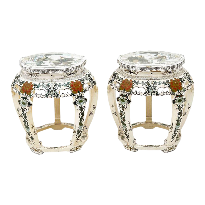 Pair of Decorated Lacquer Chinese Stools With Carved Hardstone Figures ...