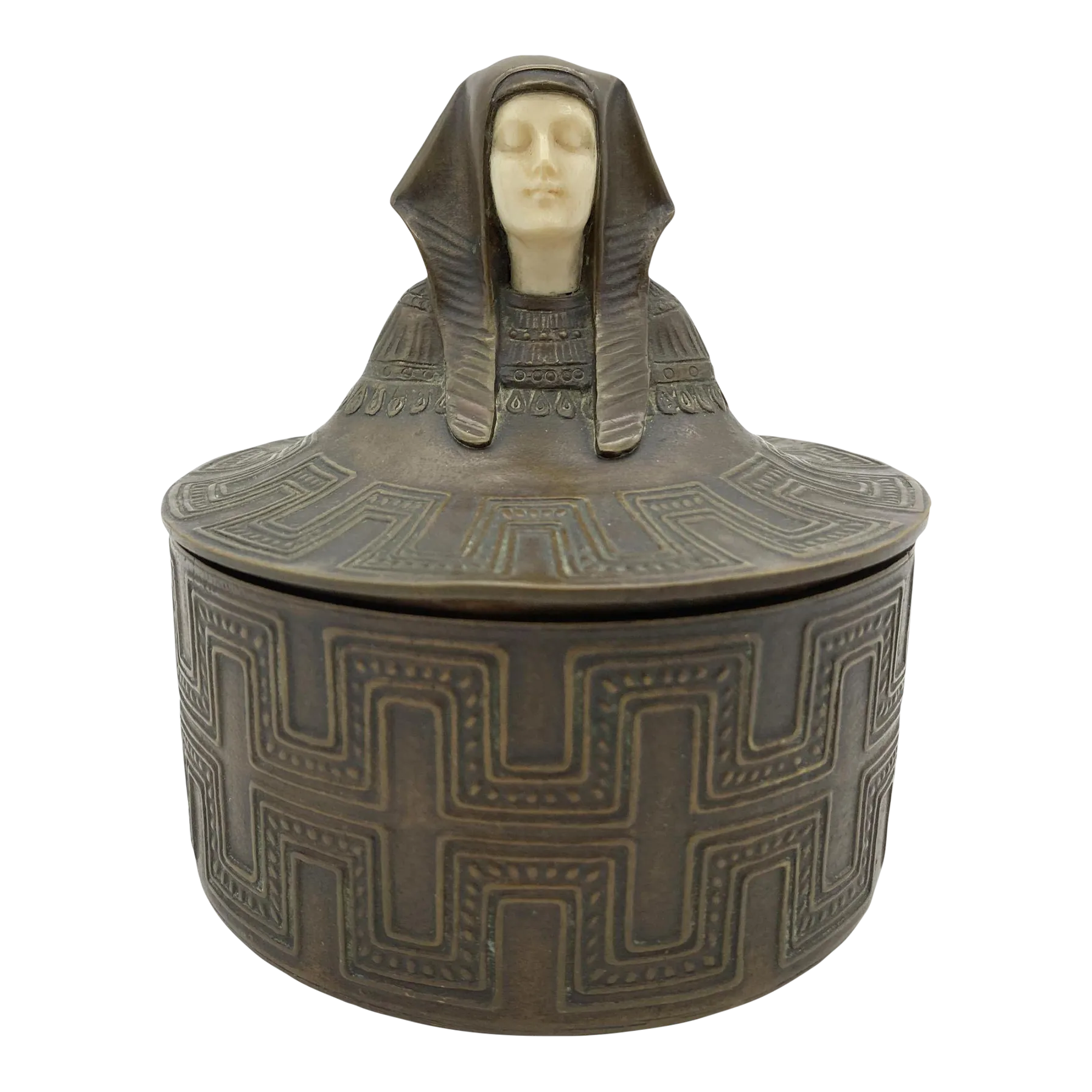 Egyptian Revival Bronze Round Pharaoh Case With Carved Bone Face, 1920 ...