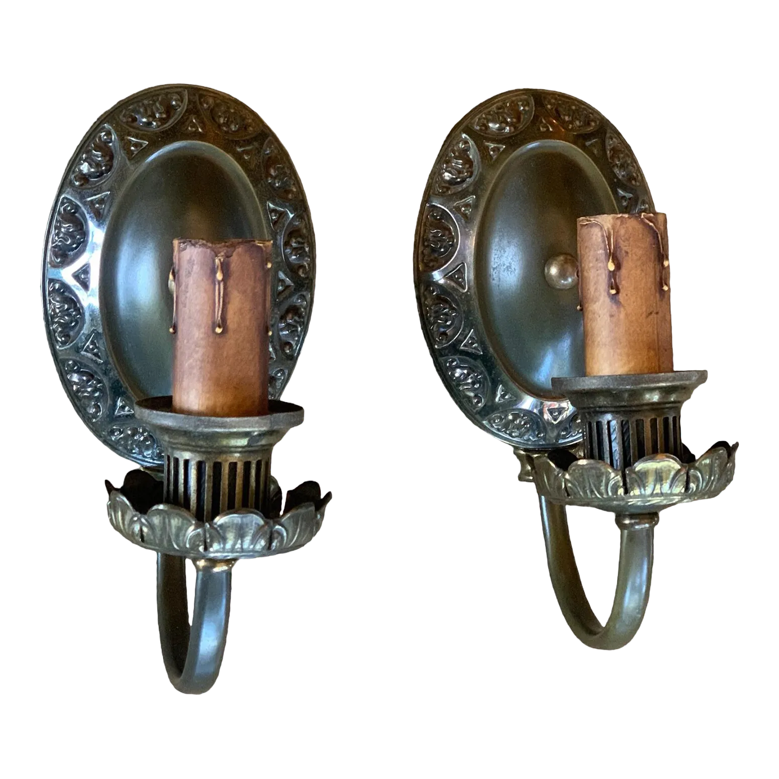 Pair Embossed Brass Sconces in Original Patina, Circa 1910 | Chairish