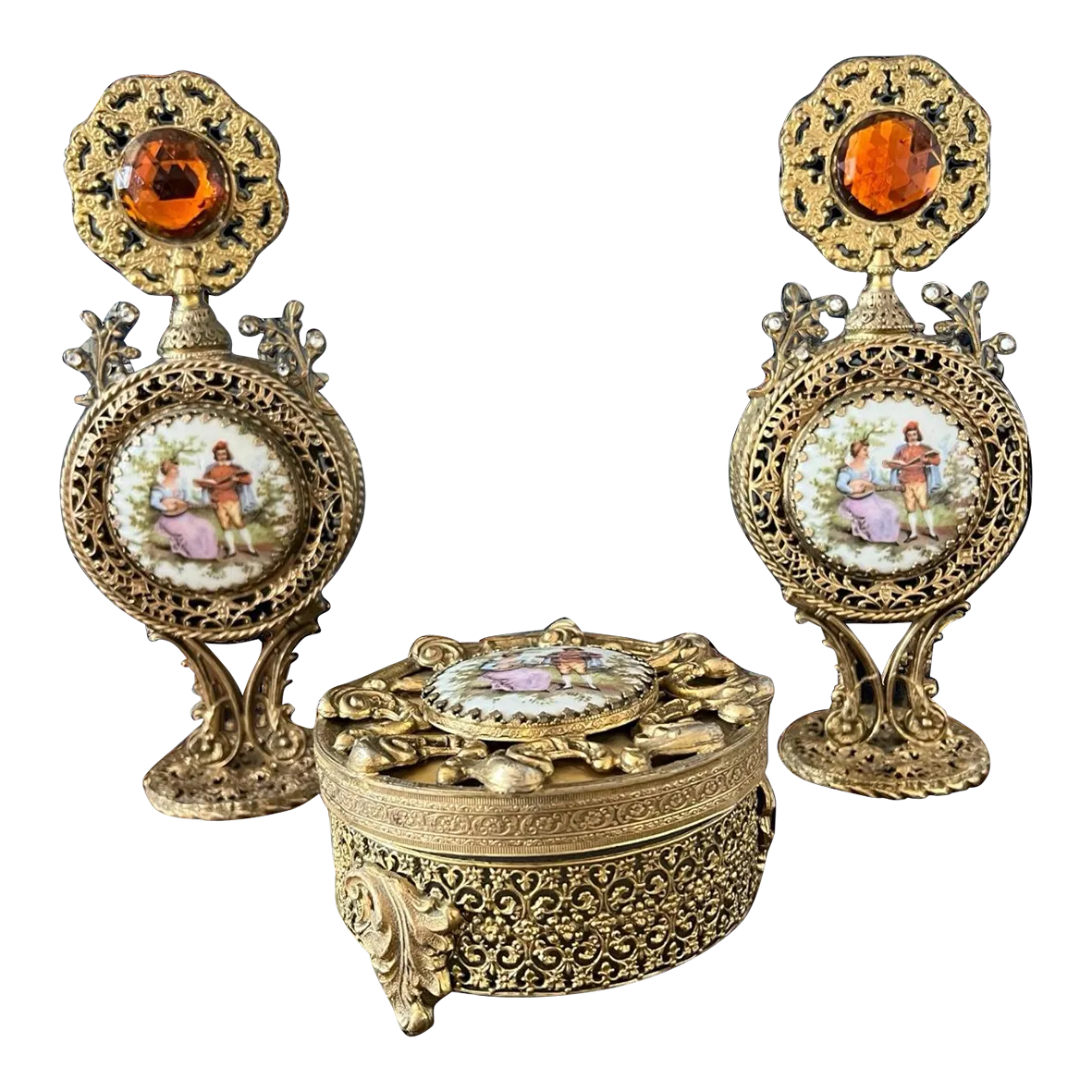 Set of 3 1930s French Ormolu Filagree Dresser Set | Chairish