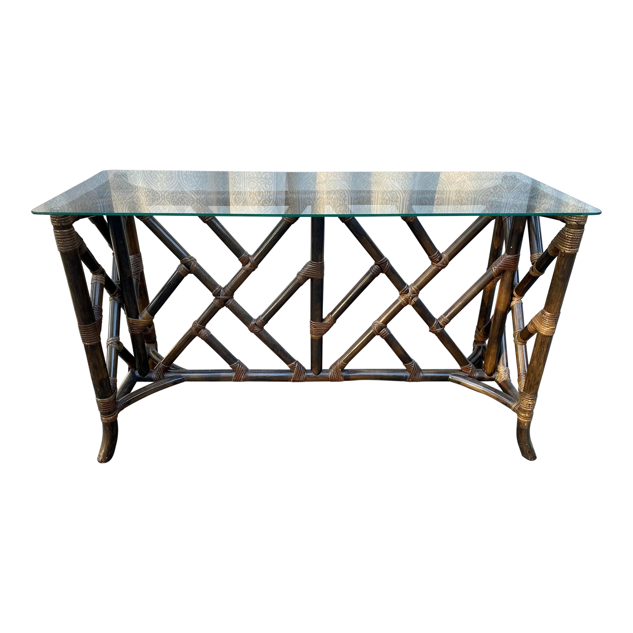 Vintage Rattan Chinese Chippendale Pattern Entry Table | Chairish