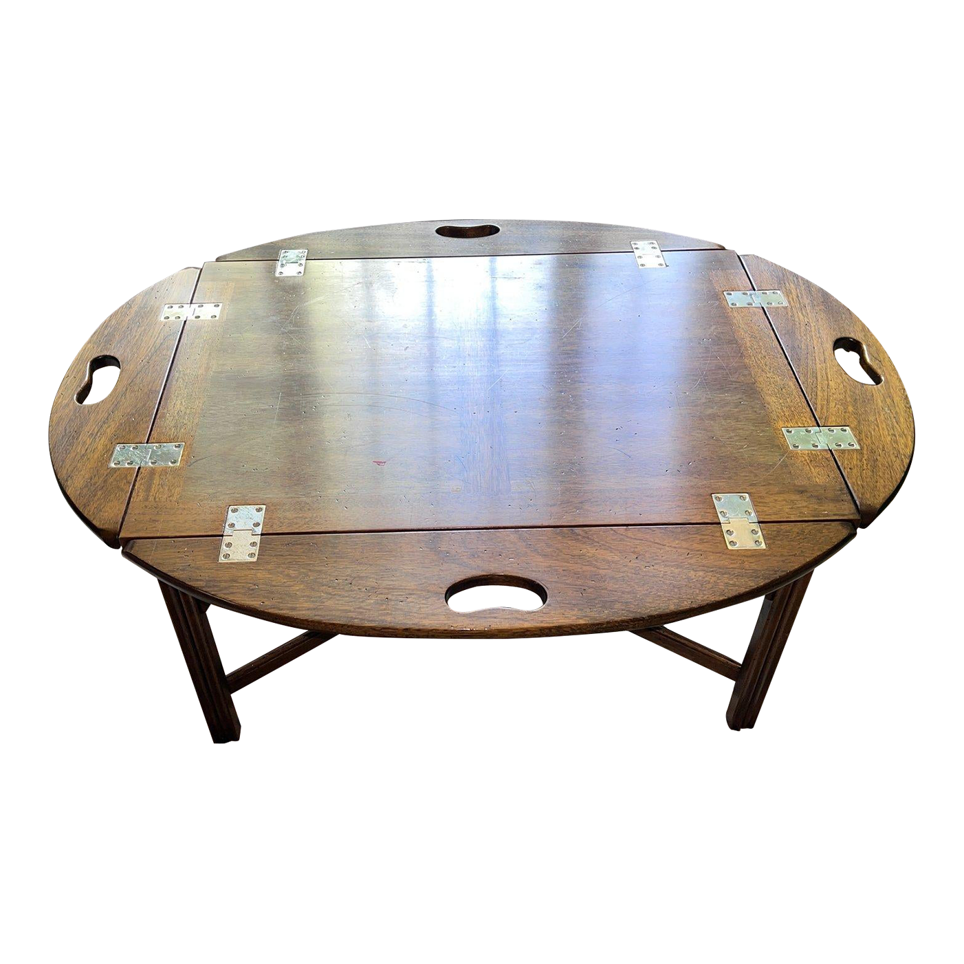 Late 20th Century English Mahogany Campaign Style Butler’s Drop Leaf Coffee Table | Chairish