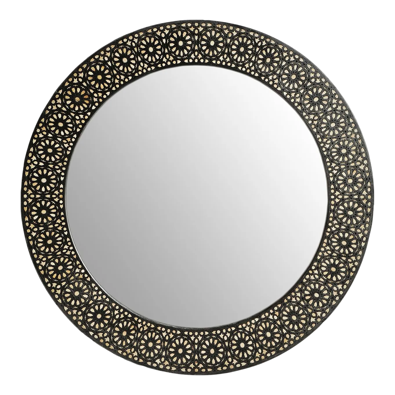 Contemporary Moorish Round Wood Inlay Mirror | Chairish