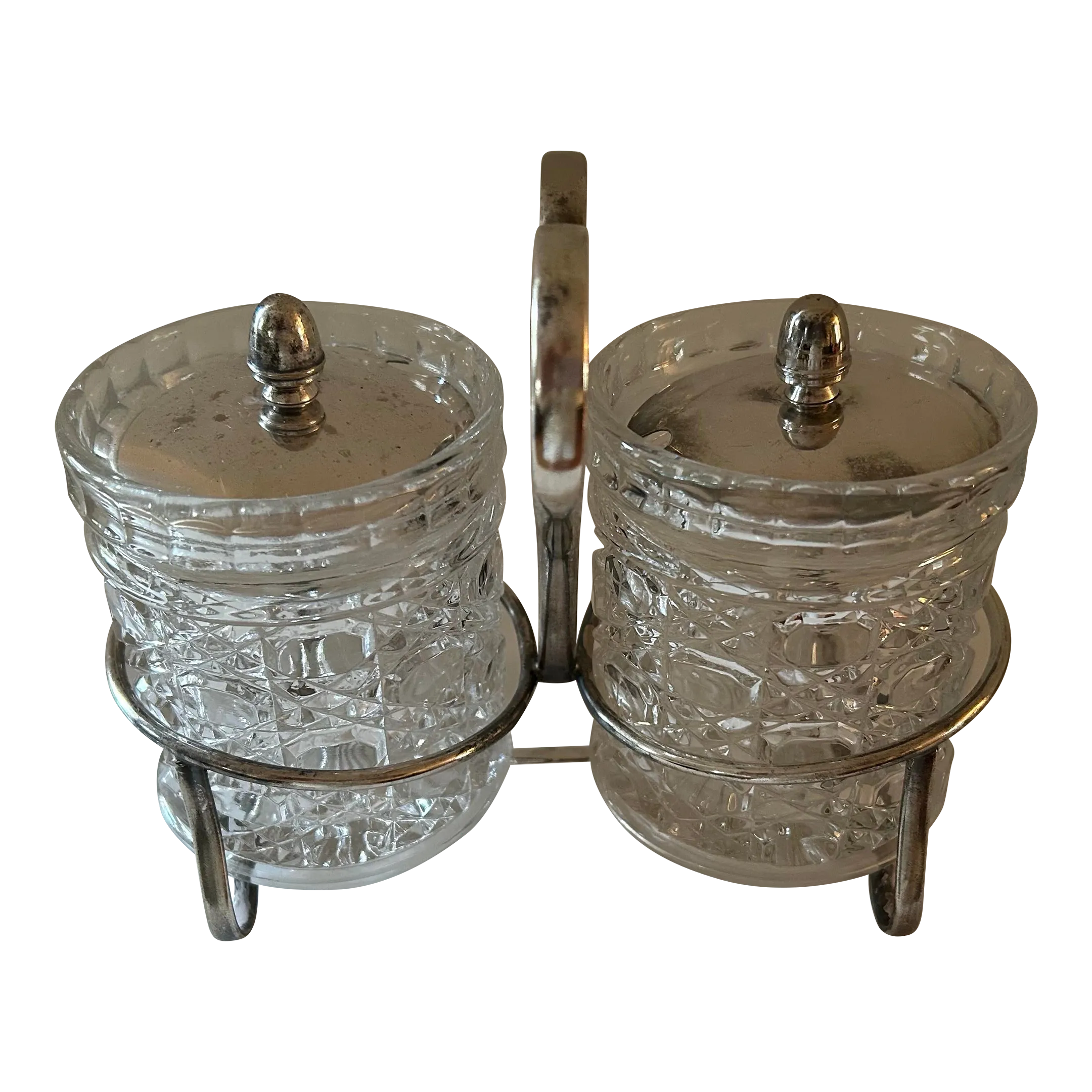 1950s Double Round Crystal Condiment Jars With Silverplate Caddy, Made ...