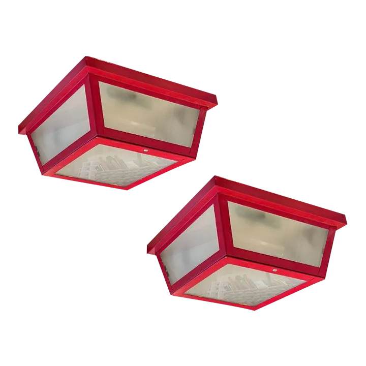 Pair of Red Square Metal Flushmounts by Joseph Richter Inc | Chairish