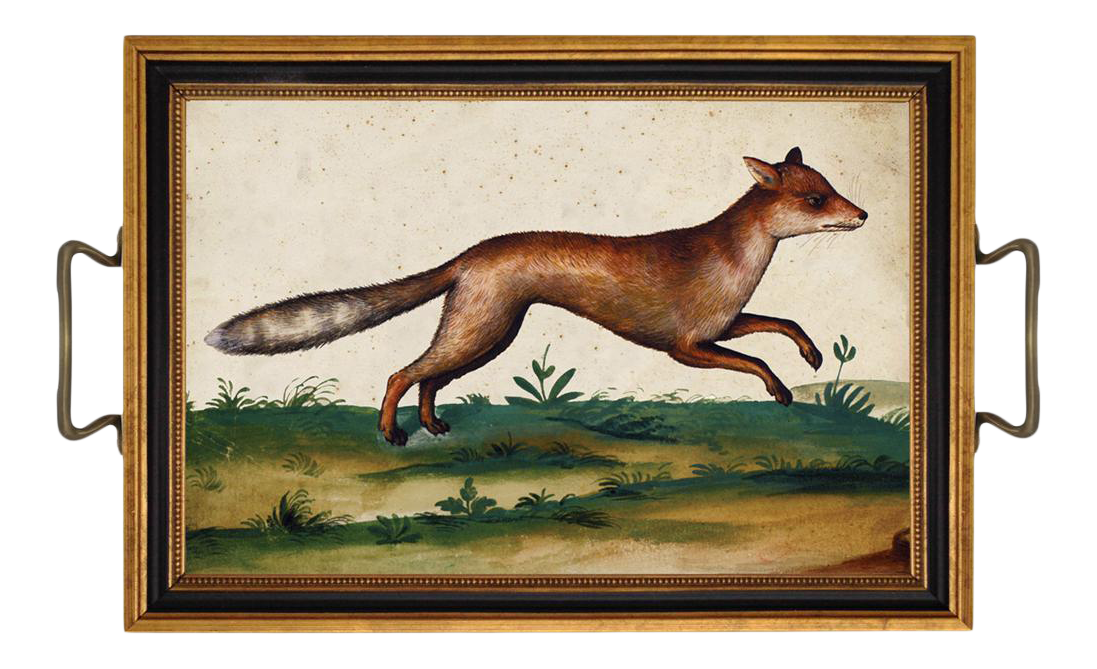 Water Colored Fox Print Tray With Brass Handles | Chairish