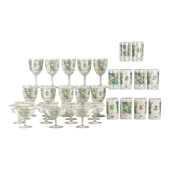 Antique Garden Flowers and White Hand Painted Victorian Glassware Water ...