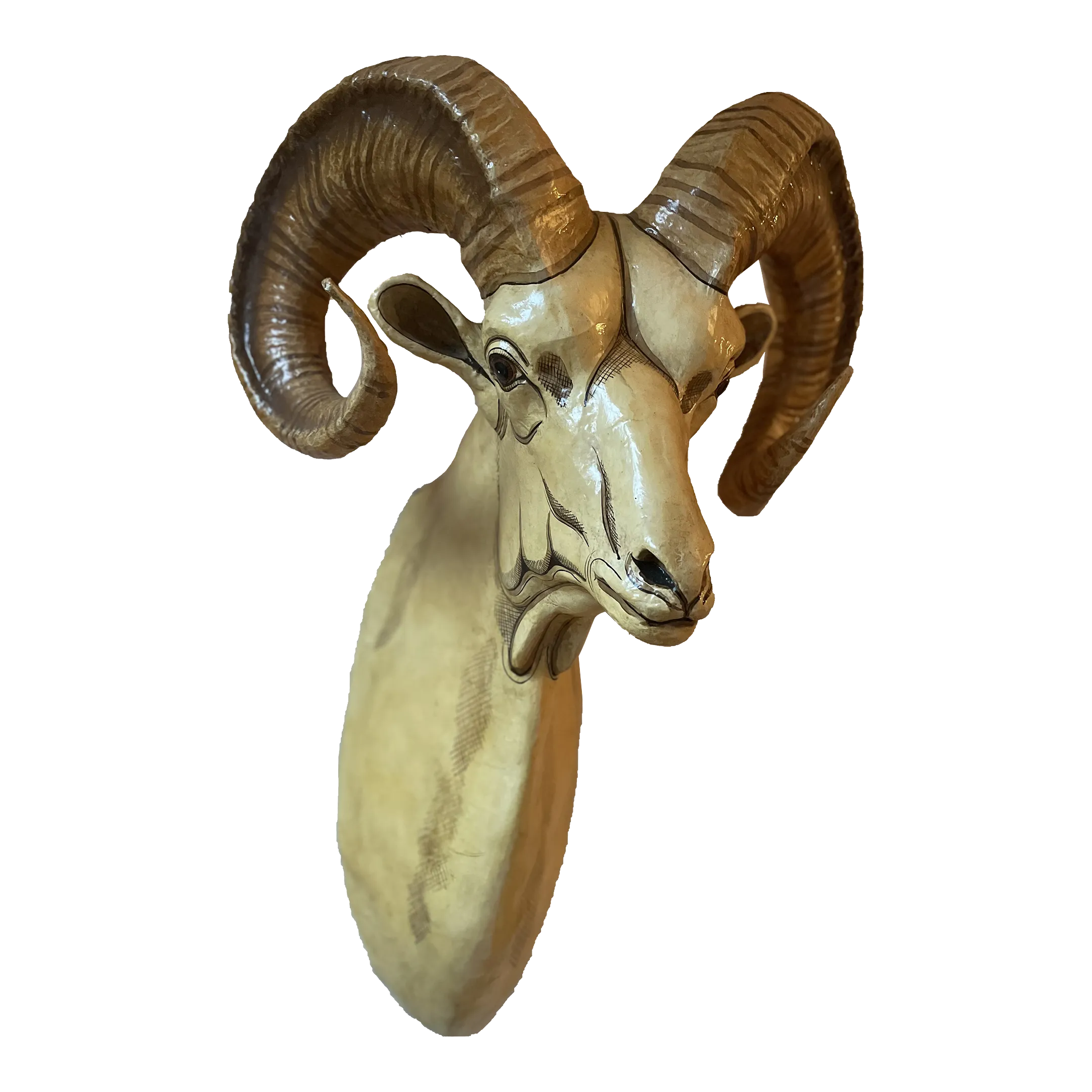 Sergio Bustamante Papier Mache Ram's Head Wall Sculpture | Chairish