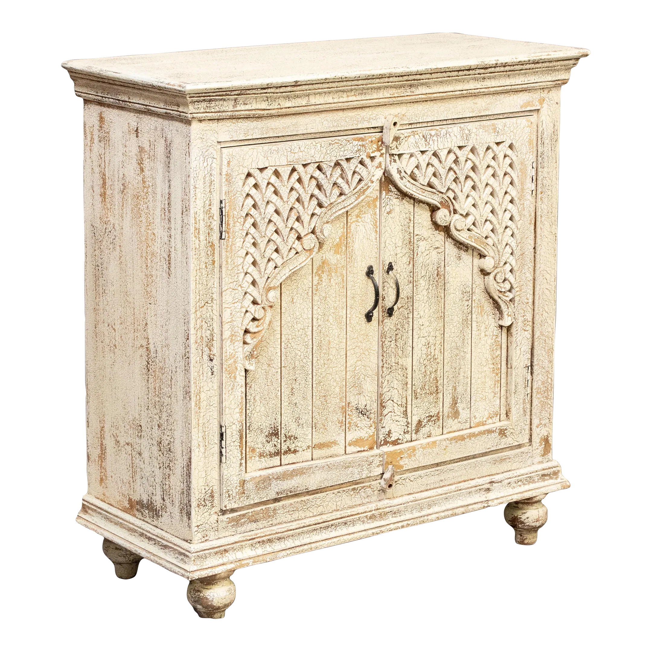 Carved Butter Cream Crackle Painted Two Door Cabinet From Rajasthan ...