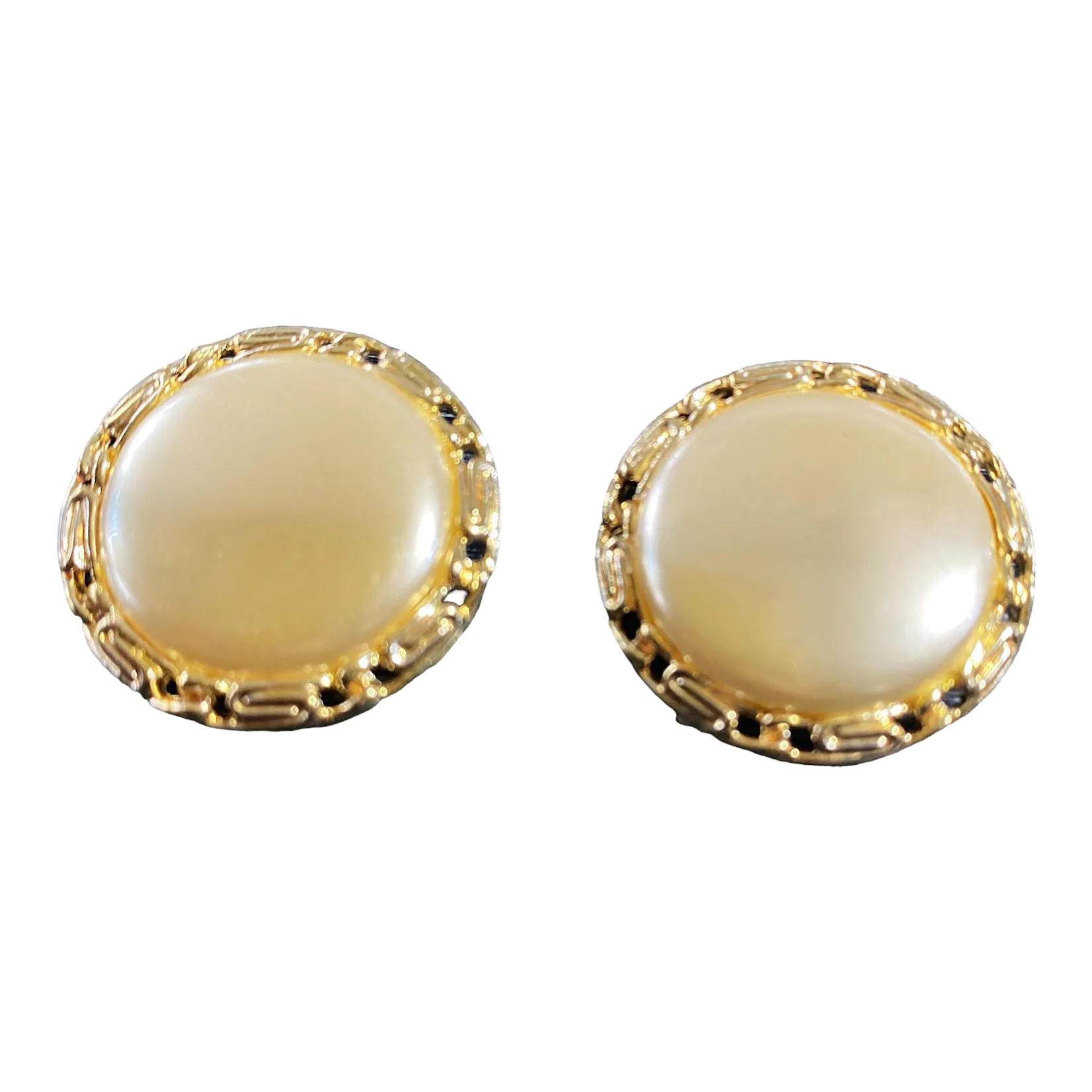 Vintage Lisner Round Large Faux Pearl, Chain Surround, Clips Earrings ...