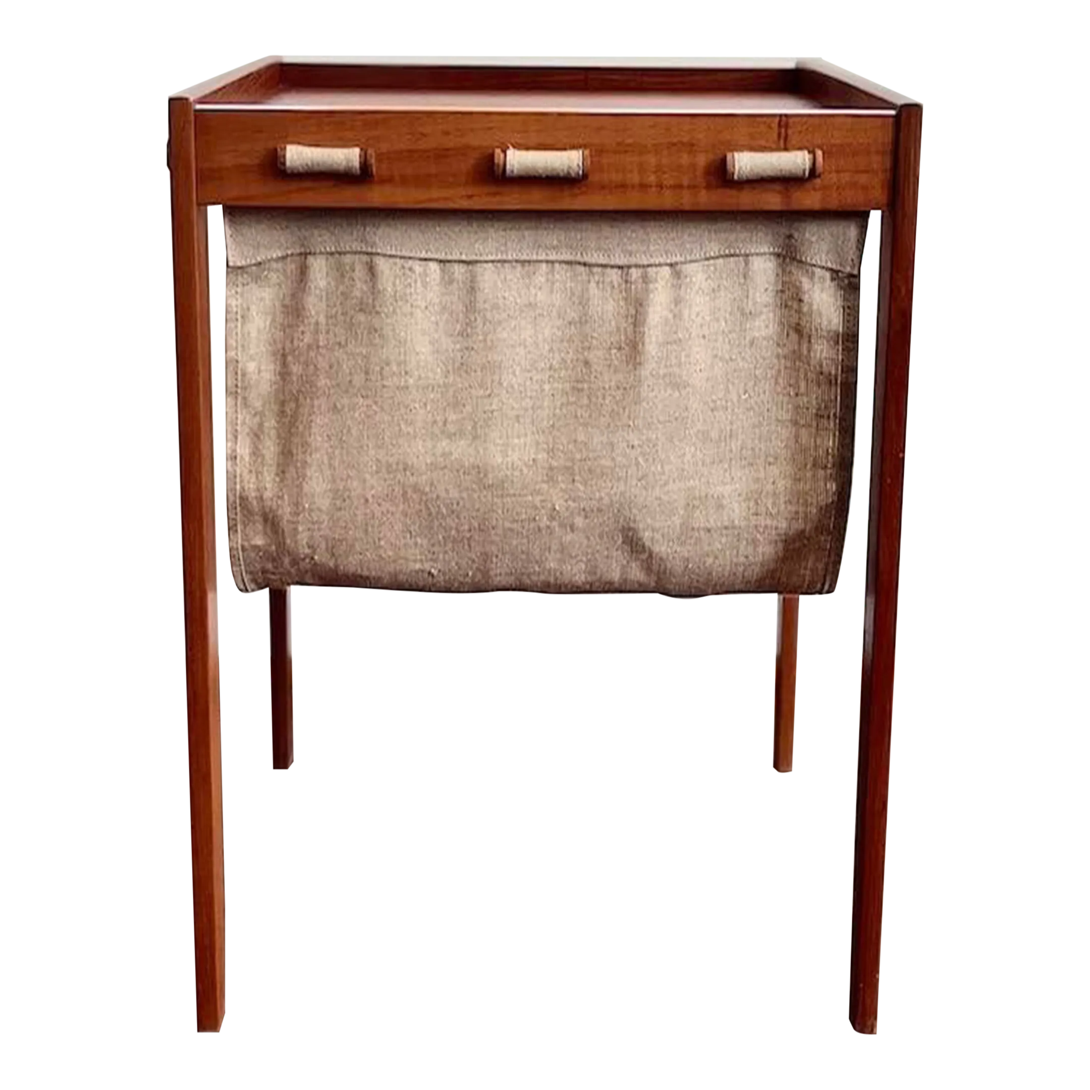 1960s Bent Silberg Linen and Teak Magazine Holder End Table. | Chairish