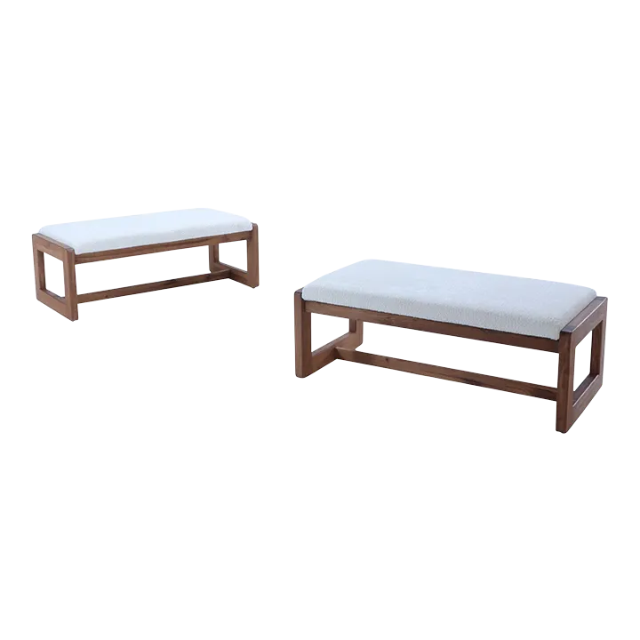 Pair Italian Contemporary Oak Benches Done in a Boucle White Fabric and ...