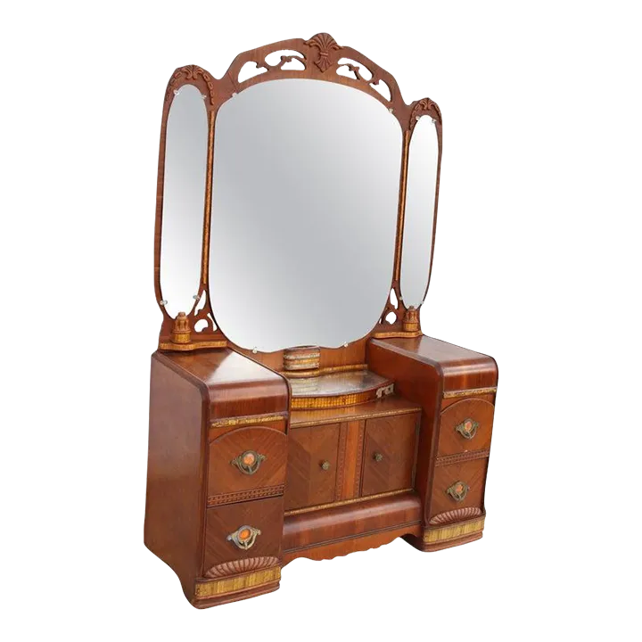 1930s Art Deco Antique Waterfall Dresser With Carved Mirror | Chairish