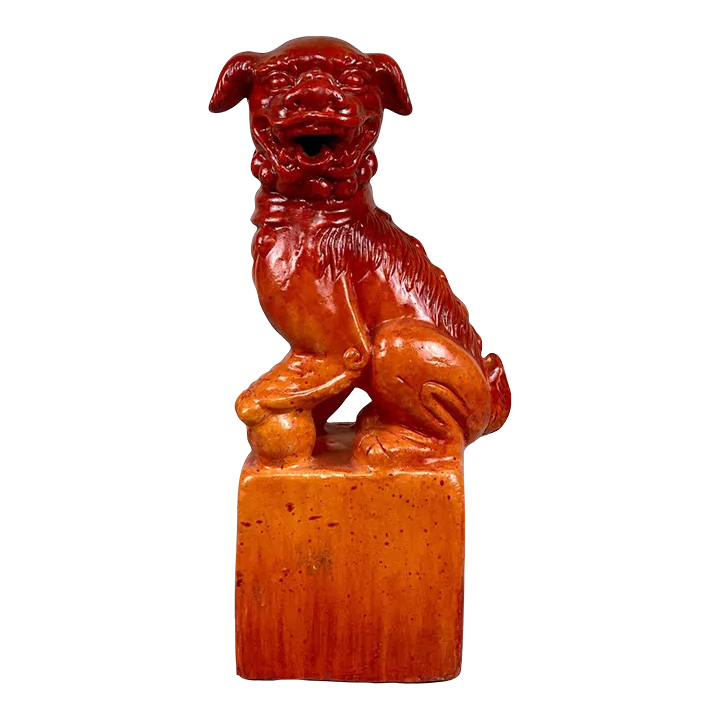 Vintage Chinese Terracotta Orange Red Foo Dog Sculpture | Chairish