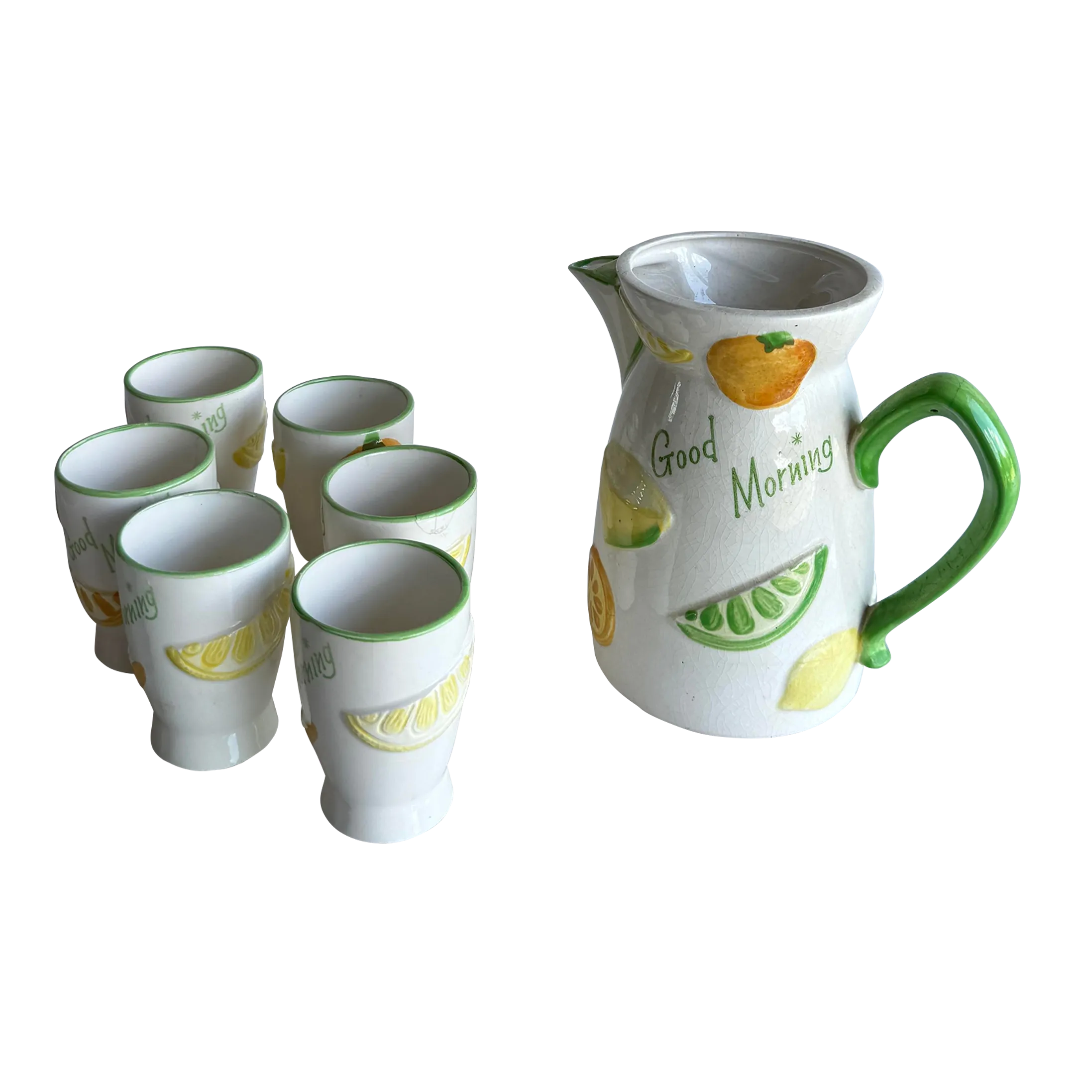Vintage Japanese Ceramic Juice Pitcher and Cups- 7 Pieces | Chairish
