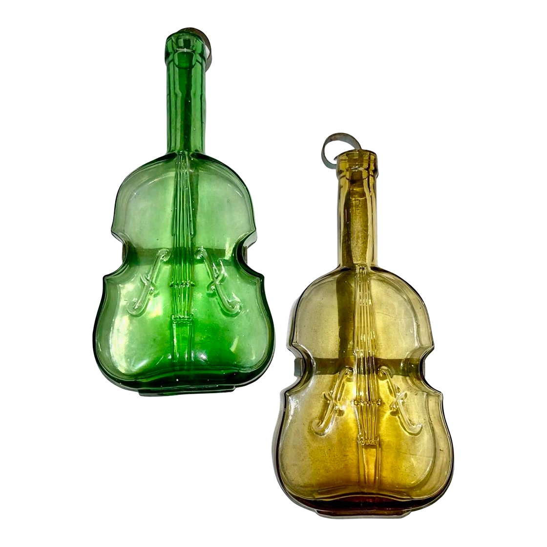 1930s Emerald And Amber Glass Violin Shaped Bottles With Metal Wall Hangers Set Of 2 Chairish