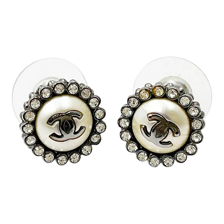 Chanel Gunmetal CC Round Crystal Small Piercing Earrings - 2 Pieces ...