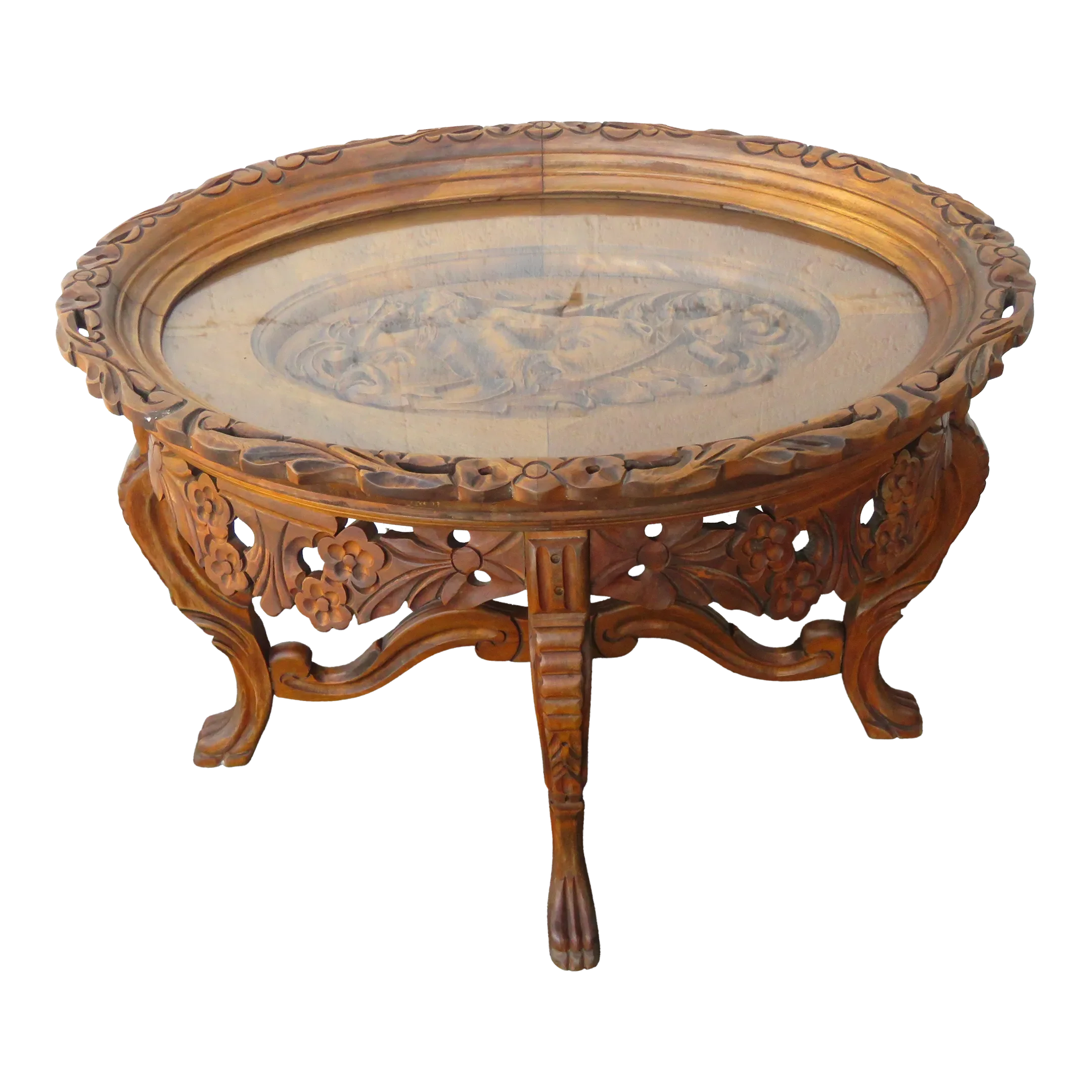 Heavy Hand Carved Cherub Coffee Table With Glass Top Serving Tray ...