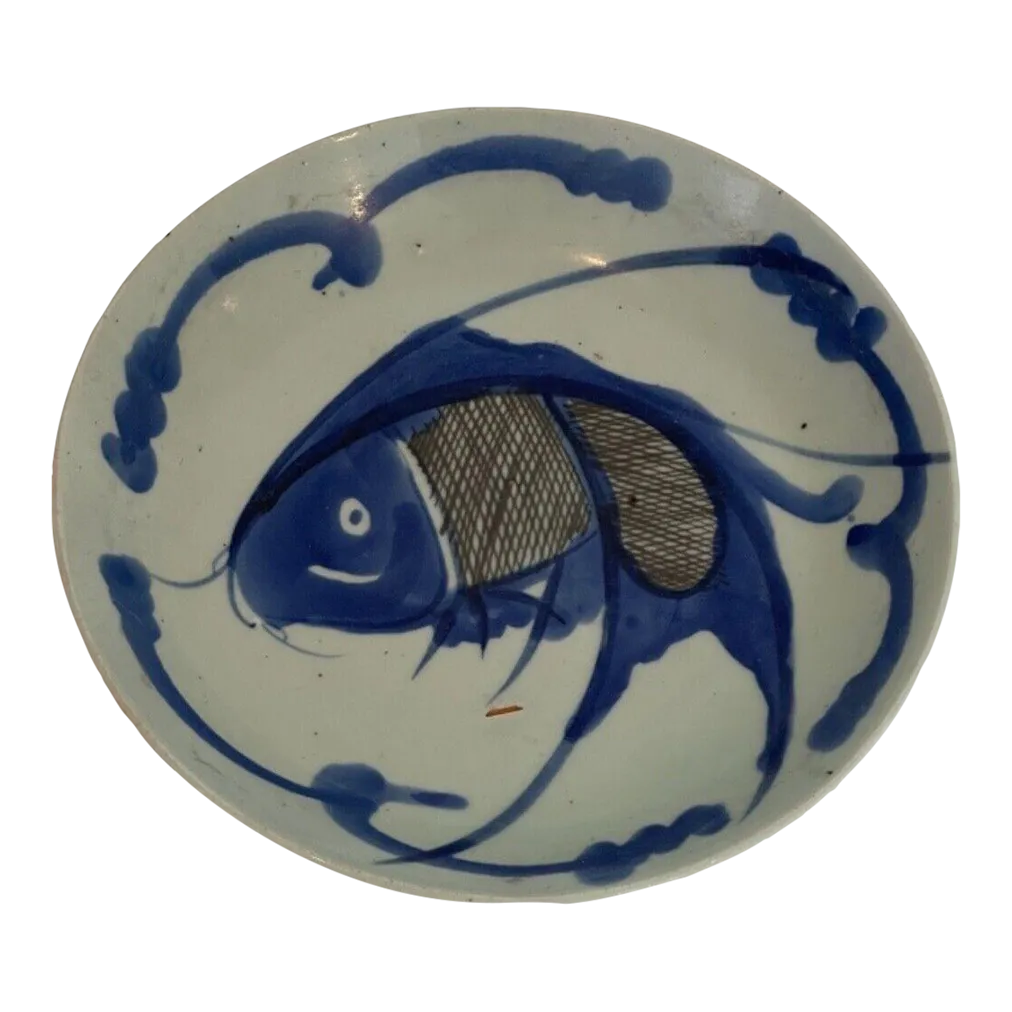 Antique Chinese Underglaze Blue and White Fish Plate Qing | Chairish