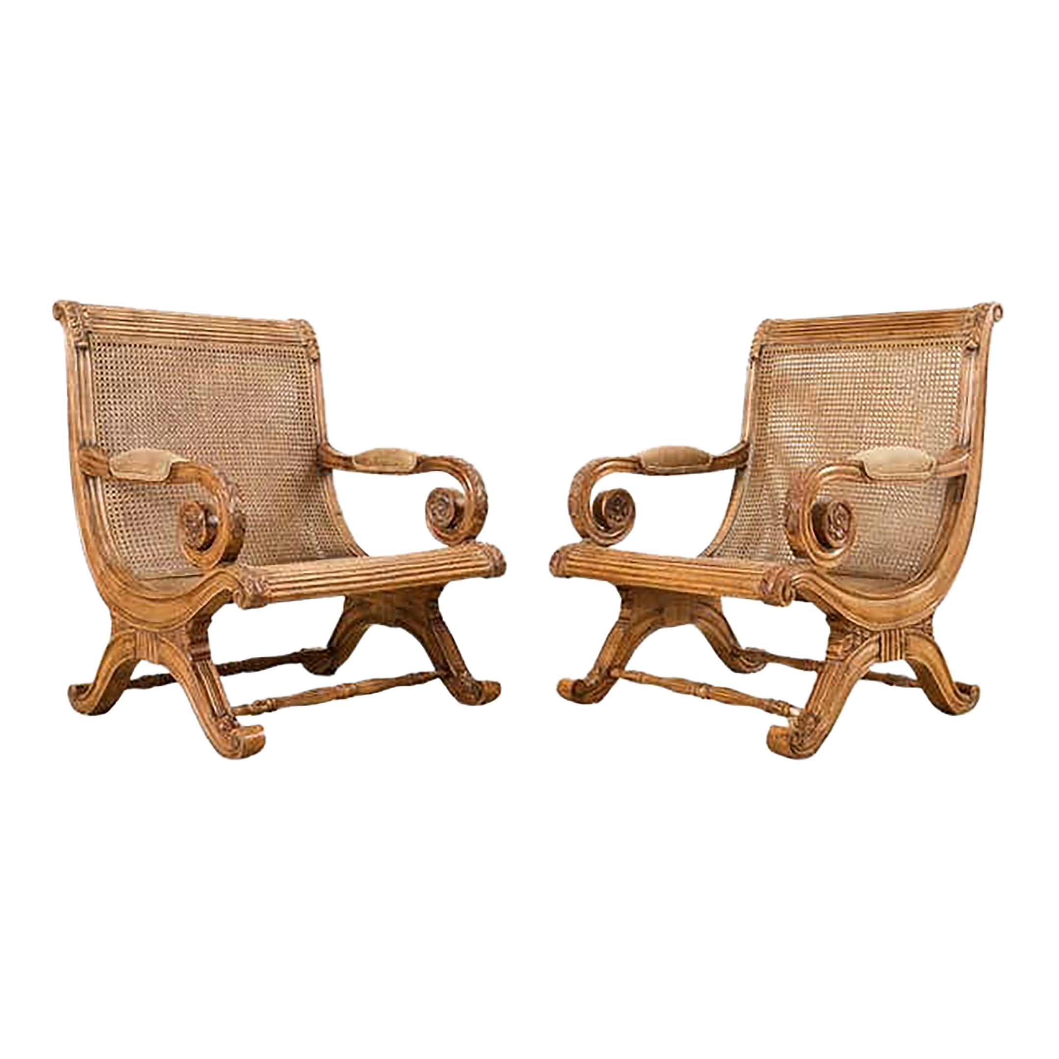Pair of British Colonial Style Carved Caned Plantation Chairs | Chairish