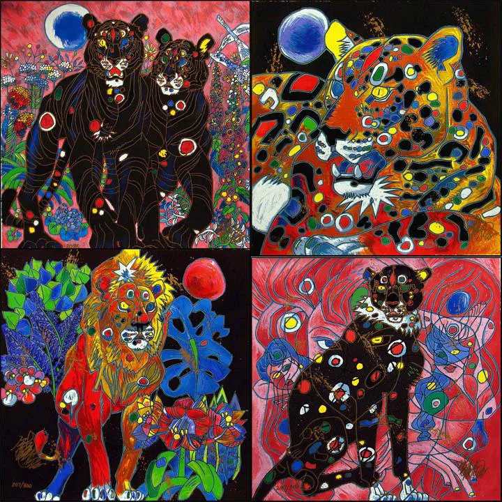 1990s Tie Feng Jiang "Cats Suite" Hand Signed Limited Edition 4 Piece ...