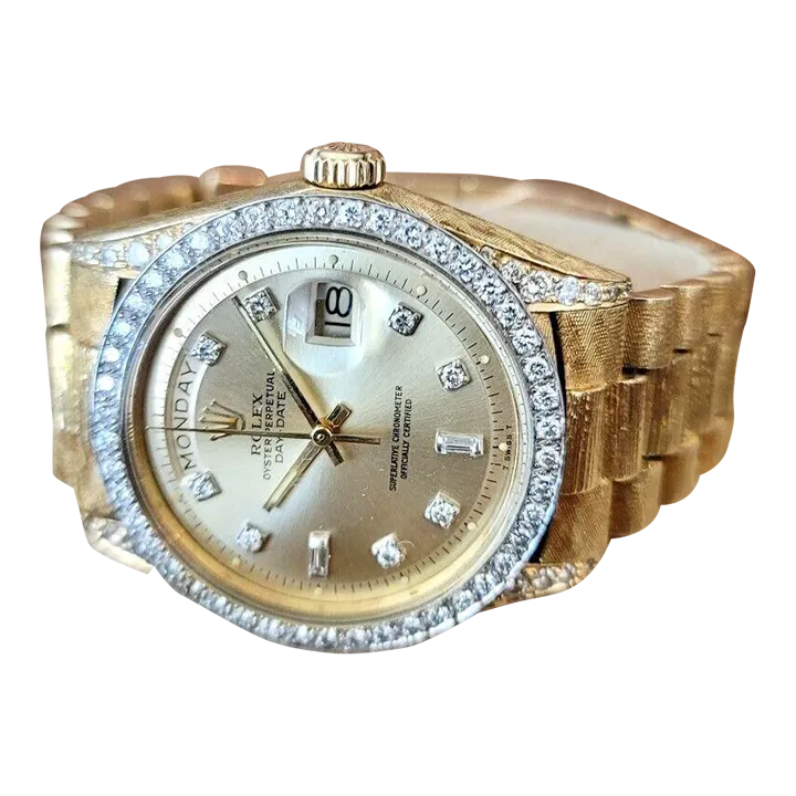 Rolex President Day-Date 18k Gold Diamond Mens Watch W/Bark Finish ...