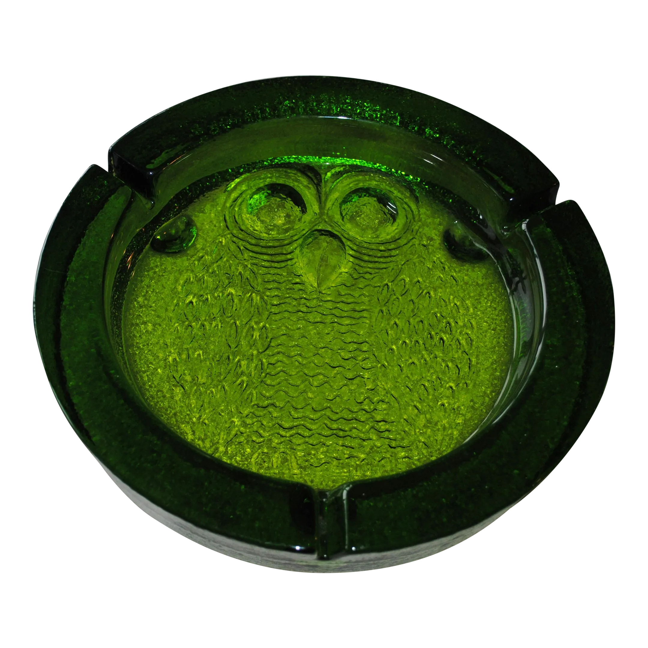 Mid Century Large Green Blenko Glass Owl Ashtray Catchall | Chairish
