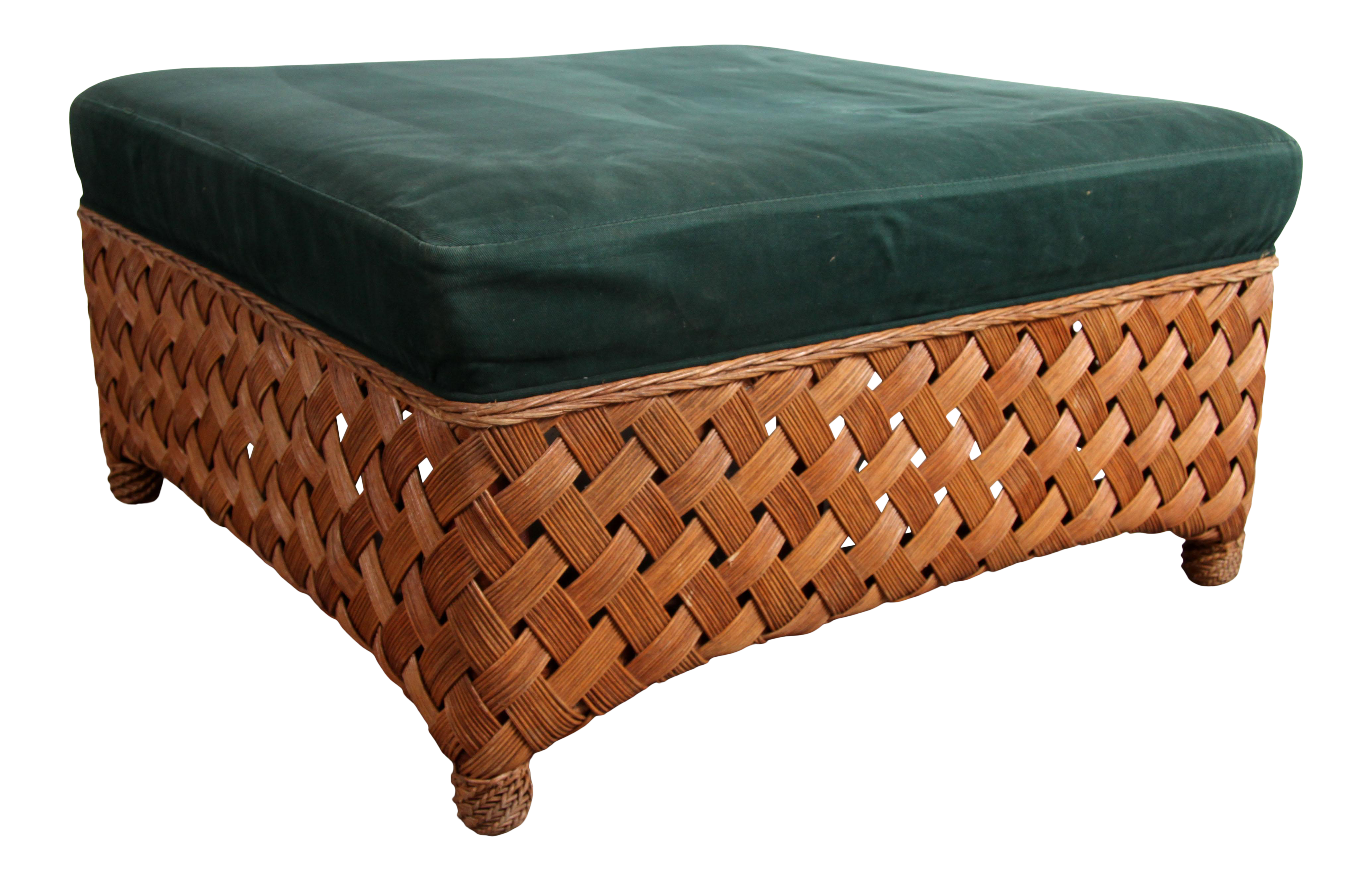 Vintage Palecek Rattan Wicker Oversized Dark Green Upholstered Ottoman