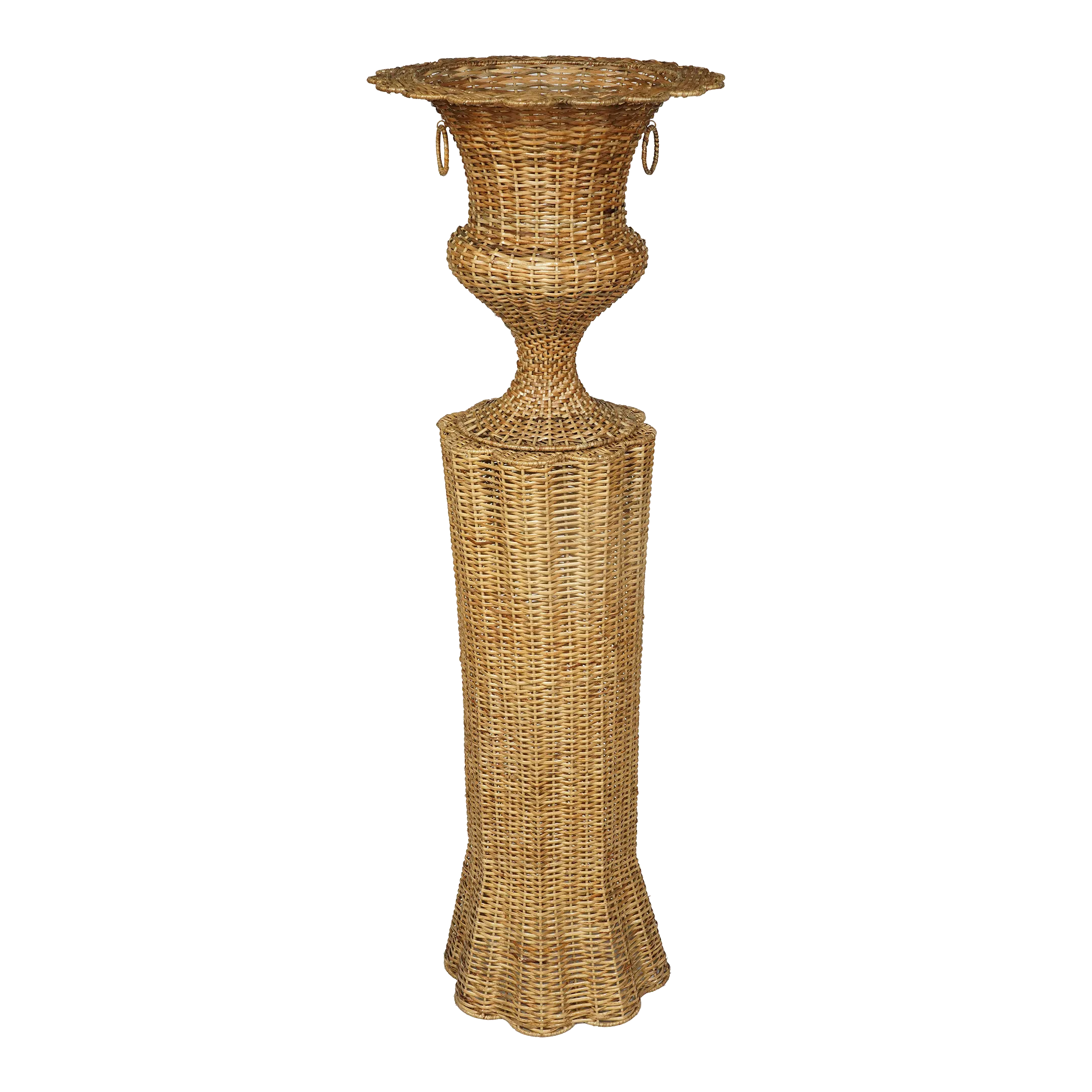 Round Scalloped Wicker Urn and Pedestal | Chairish