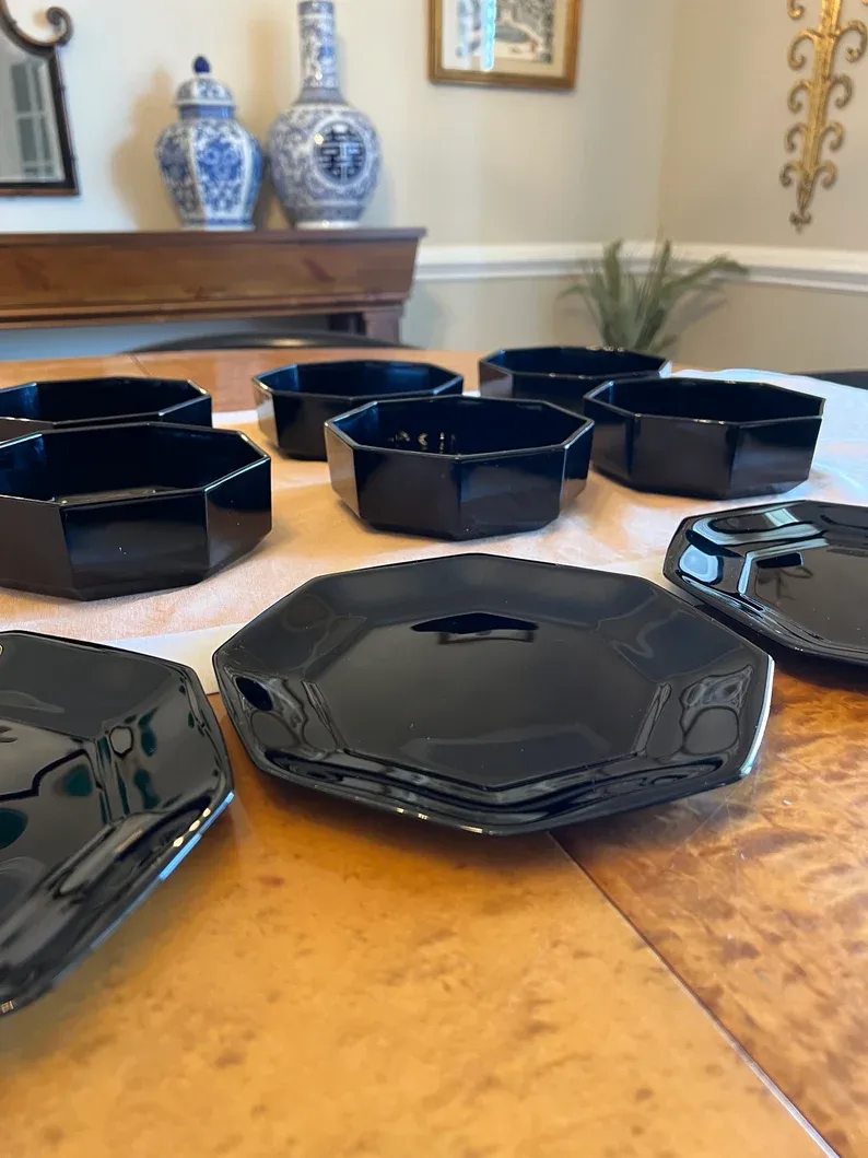 black octagonal dinner set