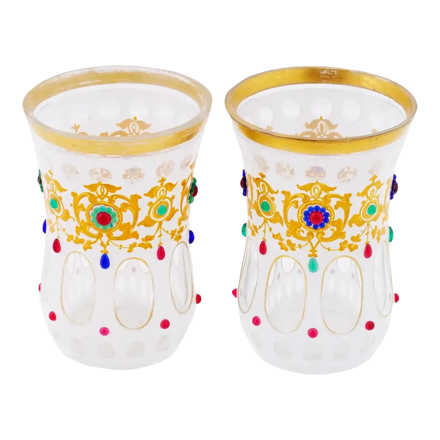Antique Bohemian Gilt Jeweled Frosted Glass Cups- Set of 2 | Chairish