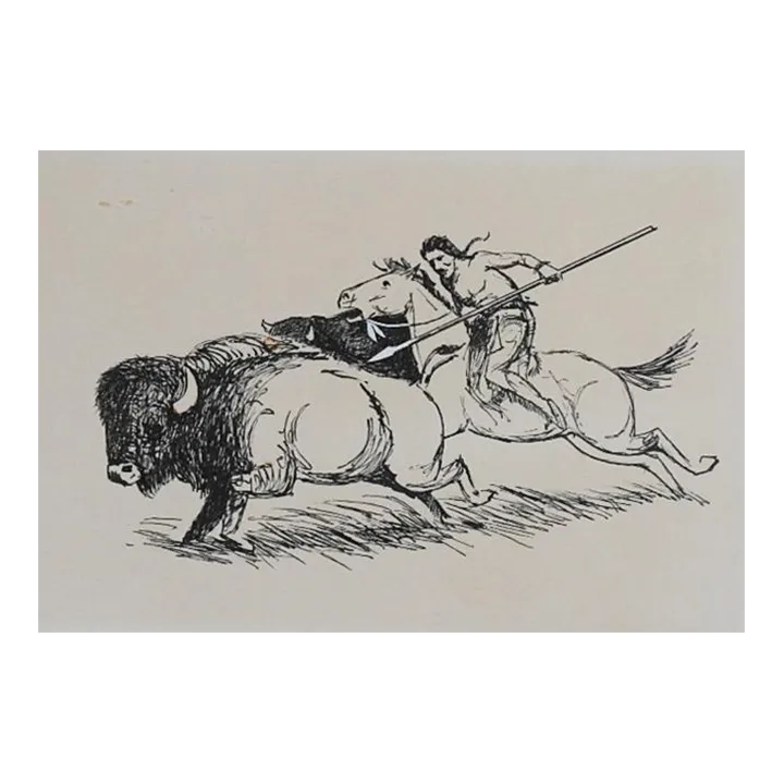Late 20th Century Native American Buffalo Hunter Illustration Drawing ...