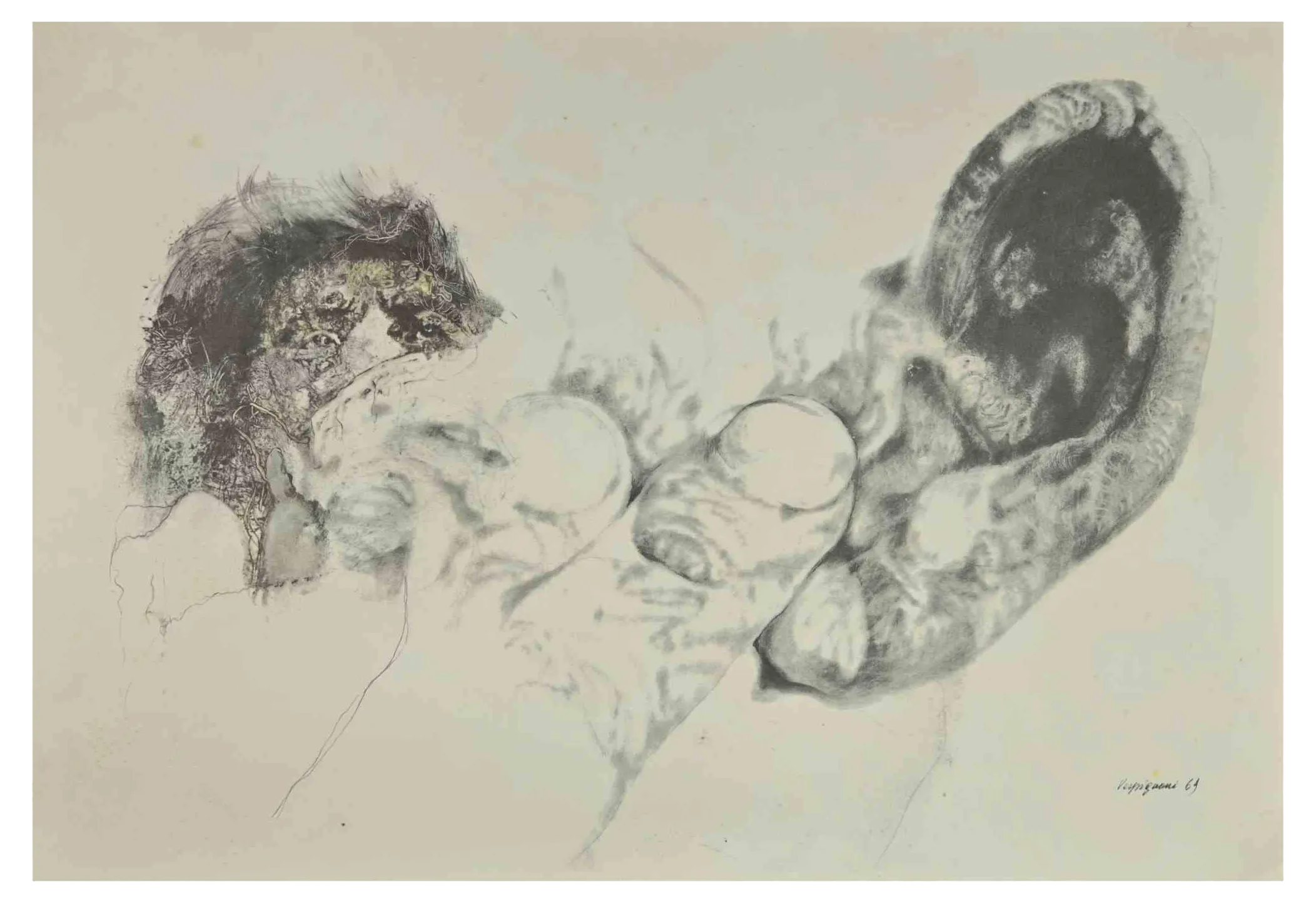 After Renzo Vespignani, Portrait and Hand, Phototype Print, 1960s ...