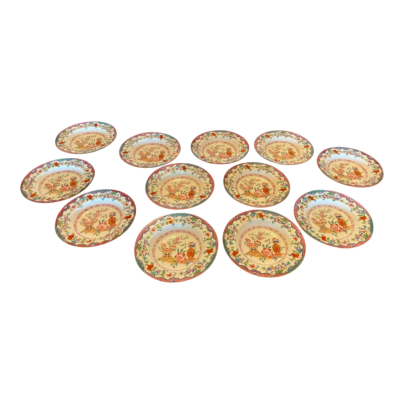 Mid 19th Century Minton Poonah Pattern Rimmed Bowls- Set of 12 | Chairish