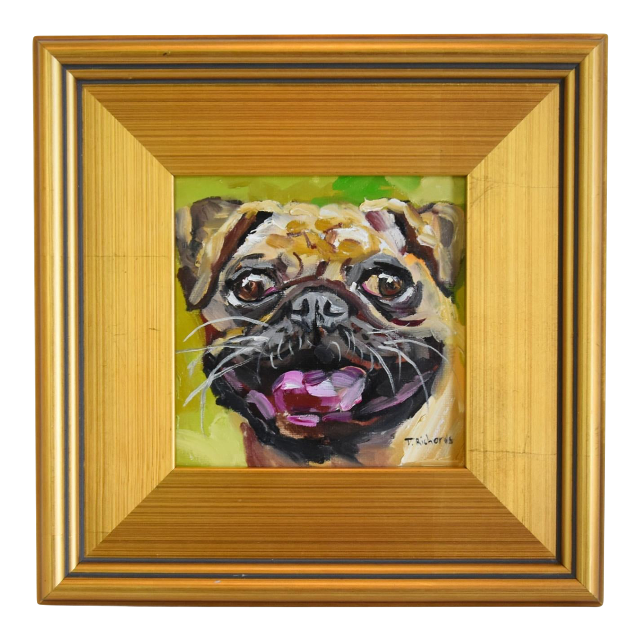 Pug Dog Puppy Portrait Oil Painting Displayed in an Antiqued Gold Wood ...