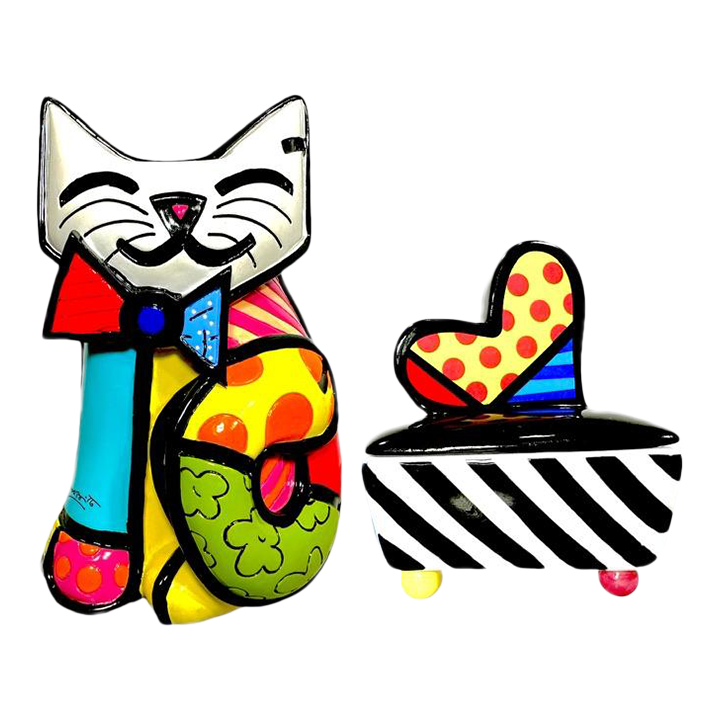 Romero Britto Cat Figure and Trinket Box - 2 Pieces | Chairish