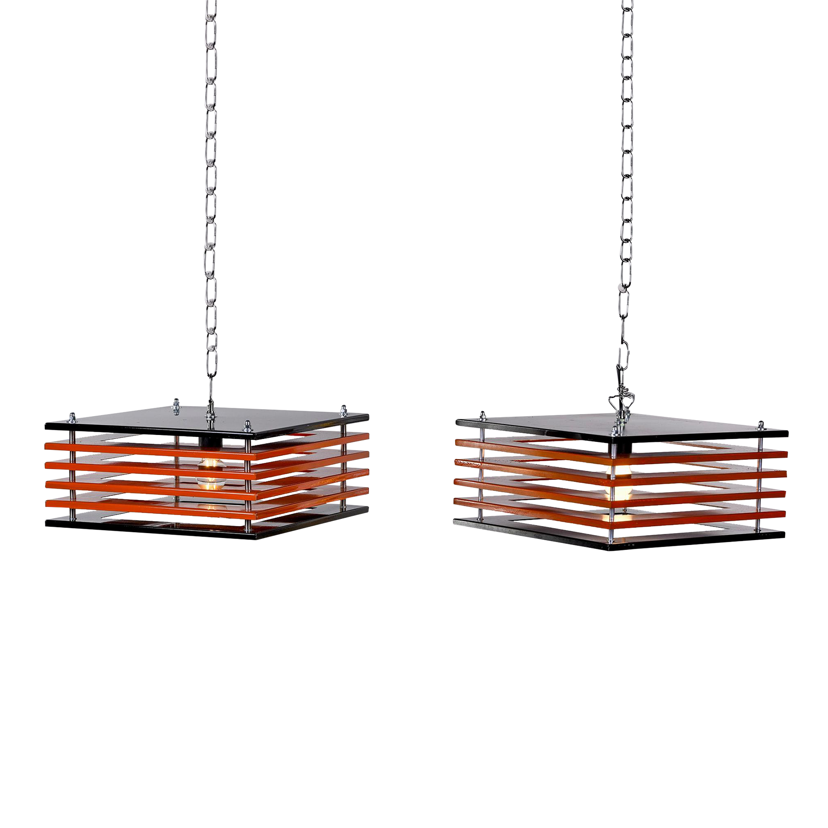 Mid Century Italian Black & Orange Square Metal Pendant Lights - Pair ...
