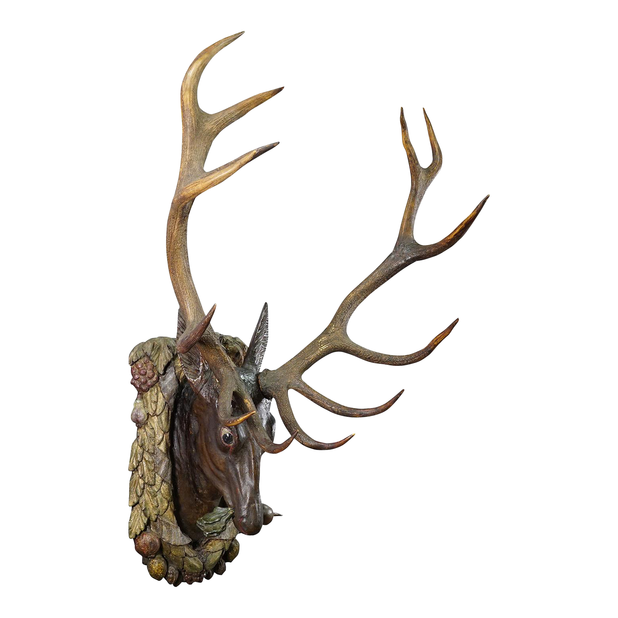 Large Antique Wooden Carved Black Forest Baroque Stag Head | Chairish