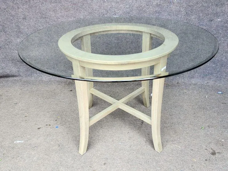 Late 20th Century Round Glass Crate Barrel Halo Style White Cream Dining Table