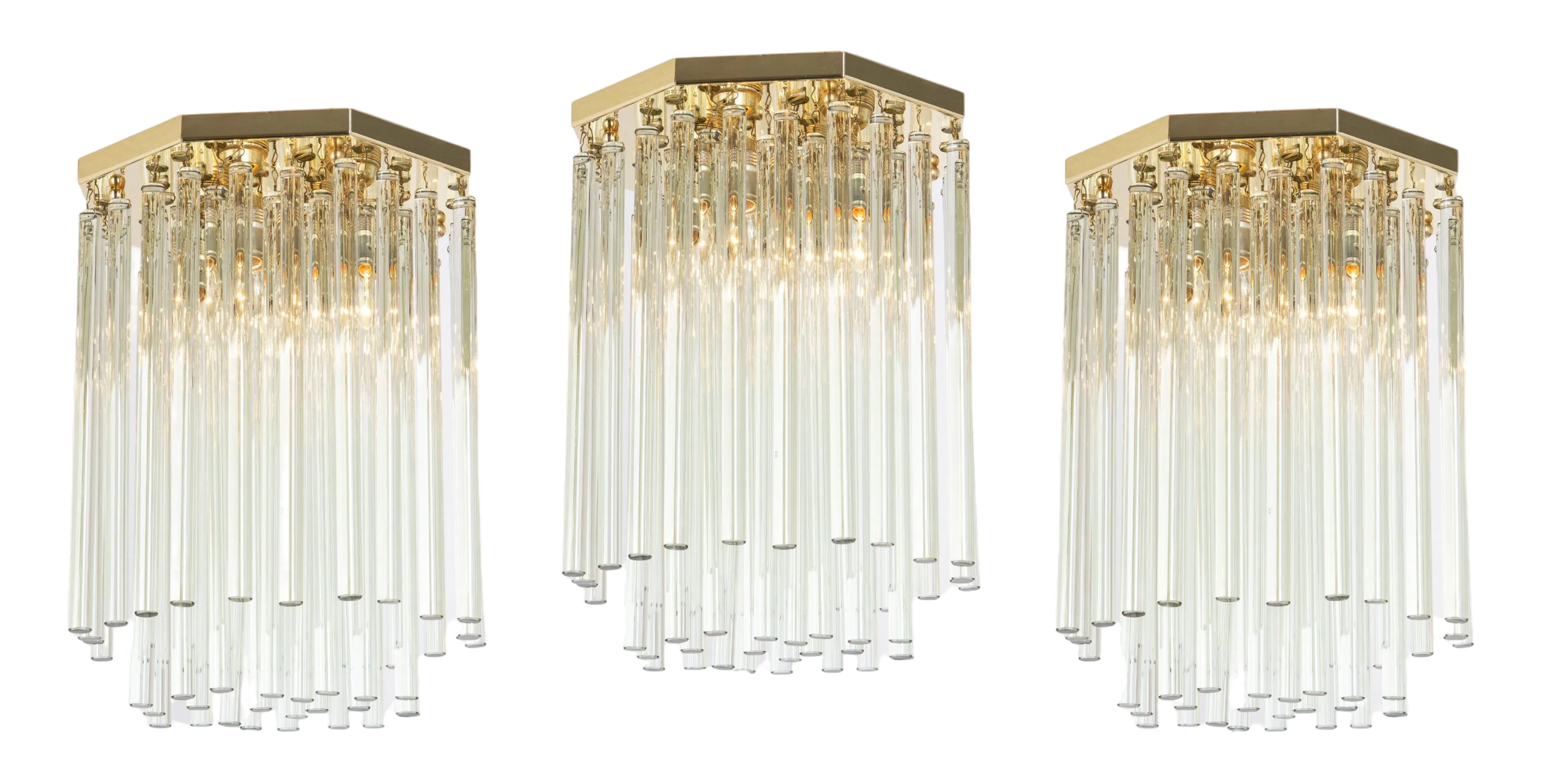 Brass and Crystal Glass Rod Flush Mount attributed to C. Palme, Germany ...