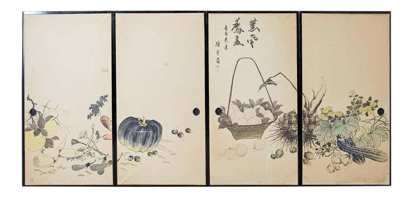 Set of Four Japanese Fusuma Painted Door Panels | Chairish