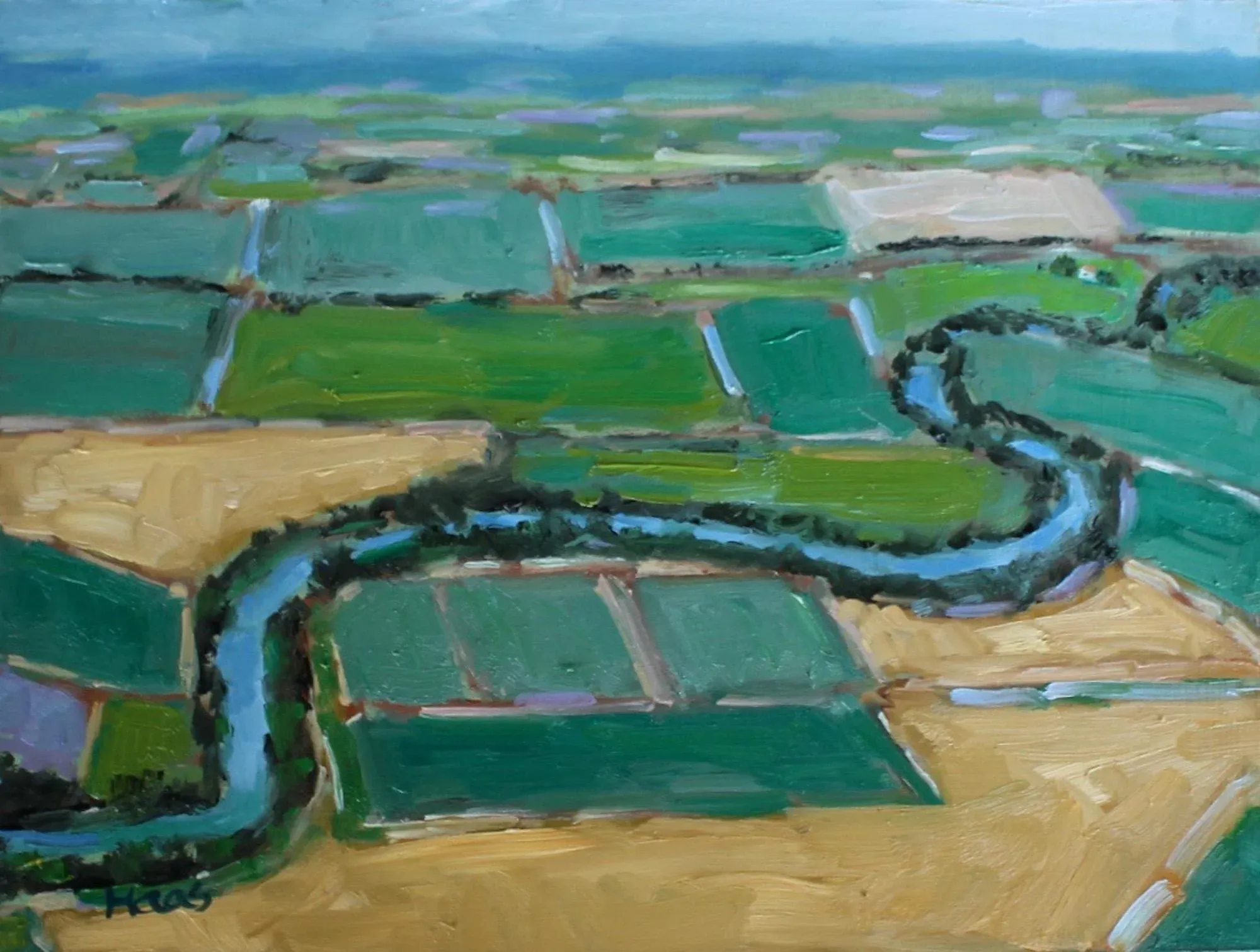 Original Oil Painting Landscape, Aerial View Farmland | Chairish