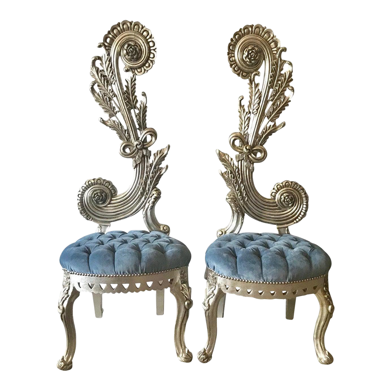 Italian Rococo Side Chairs in Silver Beech With Blue Velvet - a Pair ...