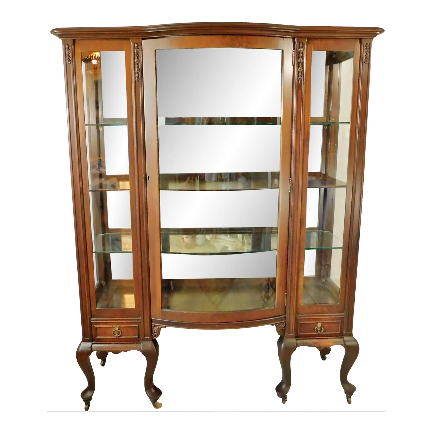 Antique Solid Mahogany Bow Front Mirrored Back China Display Cabinet ...