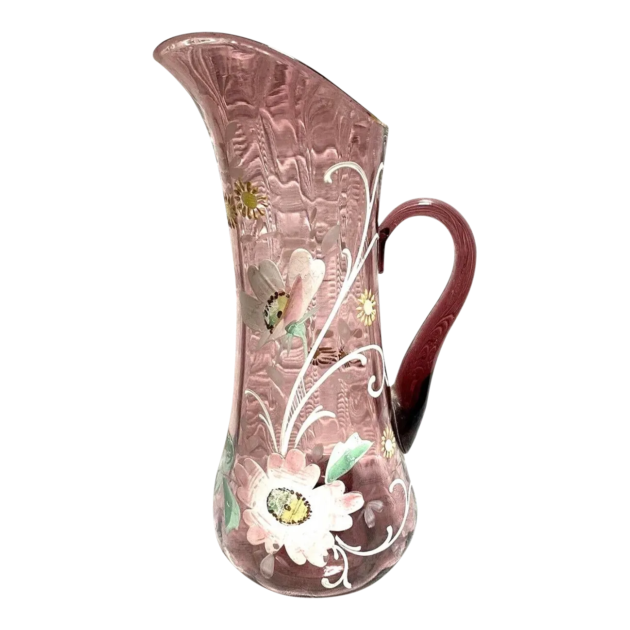 Antique Moser Hand Painted Floral Amethyst Glass Tall Pitcher | Chairish